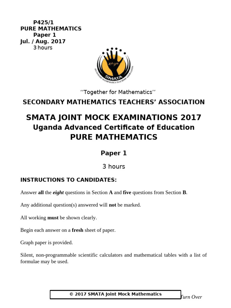 Smata Joint Mock s.6 Pure Maths I | PDF