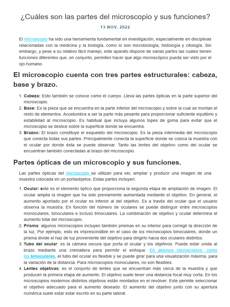 ¿Cuáles Son Las Partes Del Microscopio y Sus Funciones - OneLab | PDF ...