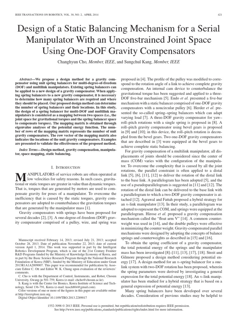 Design of A Static Balancing Mechanism For A Serial Manipulator With An Unconstrained Joint ...