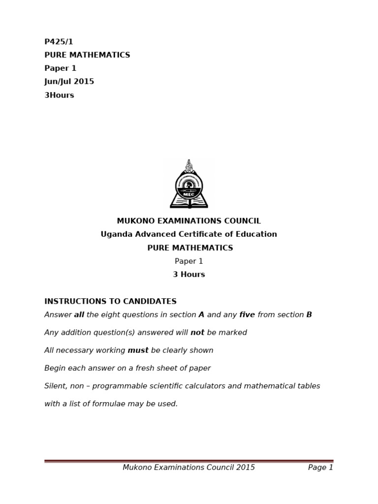 Mukono Exam s.6 Math 1 | PDF