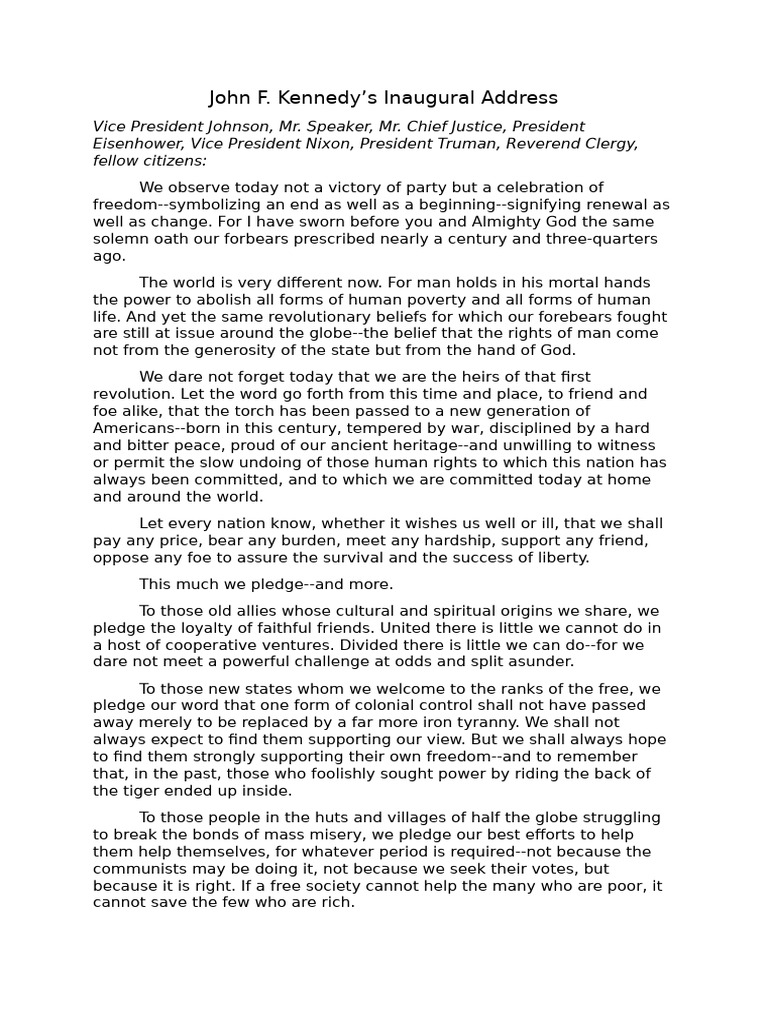 John F Kennedys Inaugural Address Speech Questions | PDF