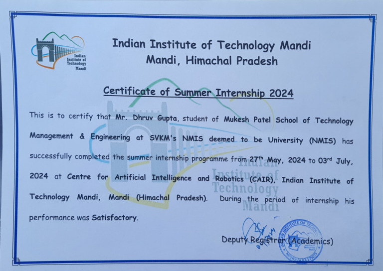 Summer Internship Certificate IIT Mandi | PDF