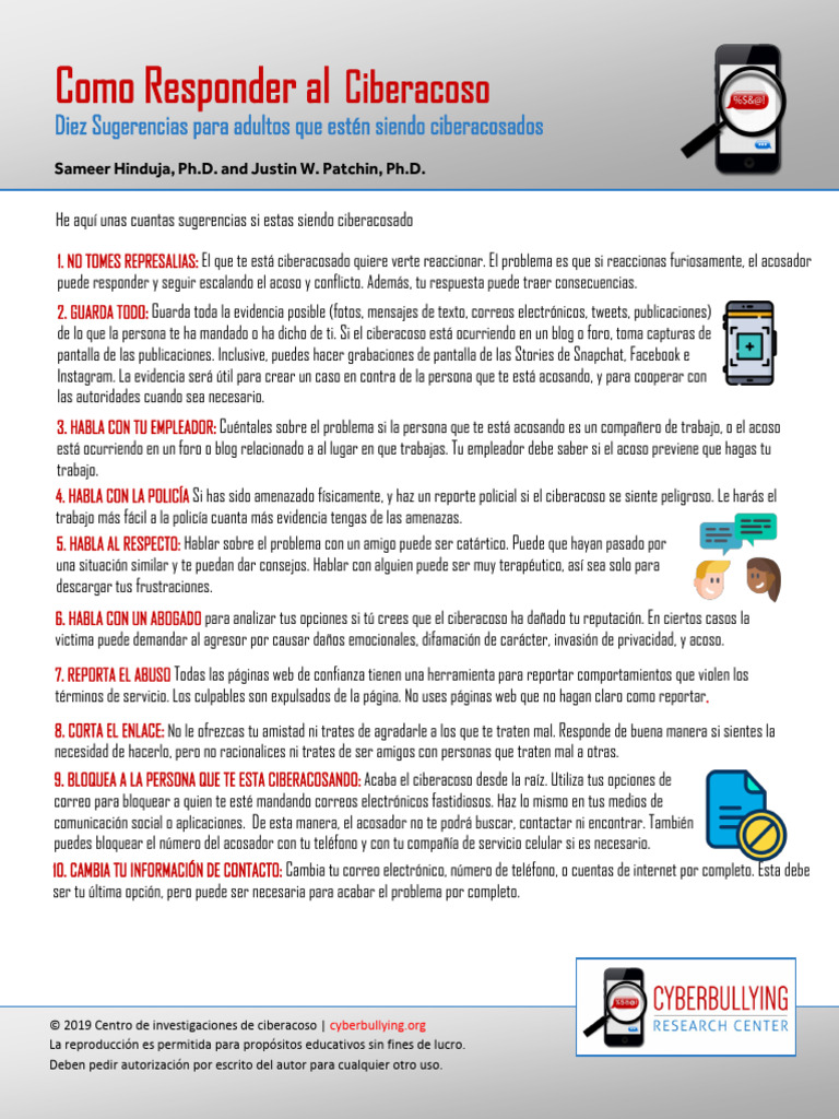 Responding To Cyberbullying Top Ten Tips For Adults Spanish | PDF