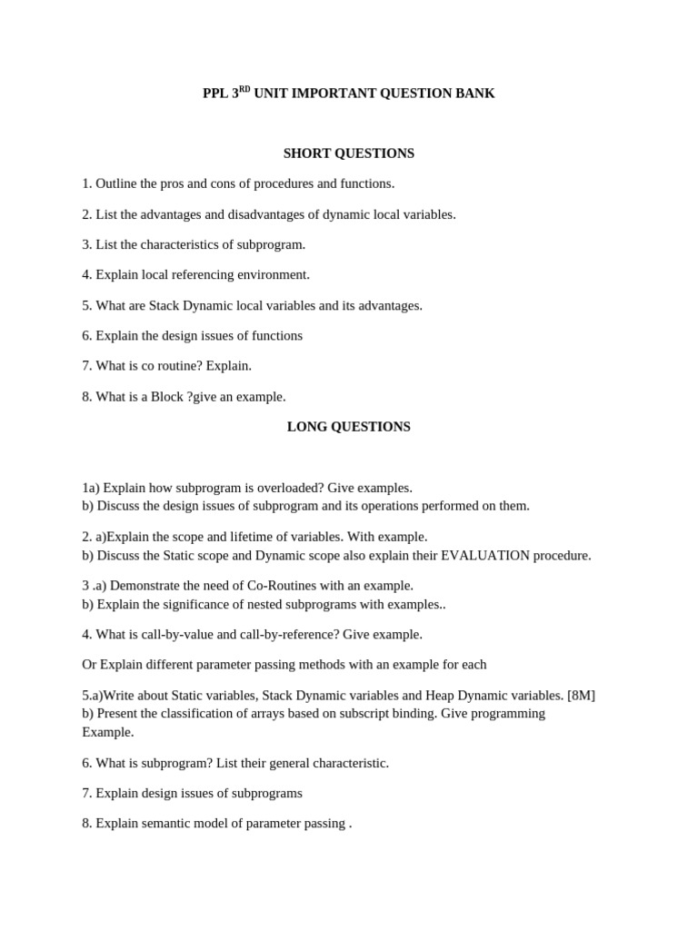 PPL 3RD Unit Important Question Bank | PDF