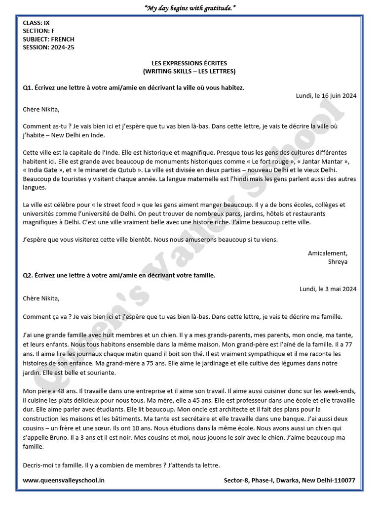 IX - French - Writing Skills (Letter Writing) | PDF