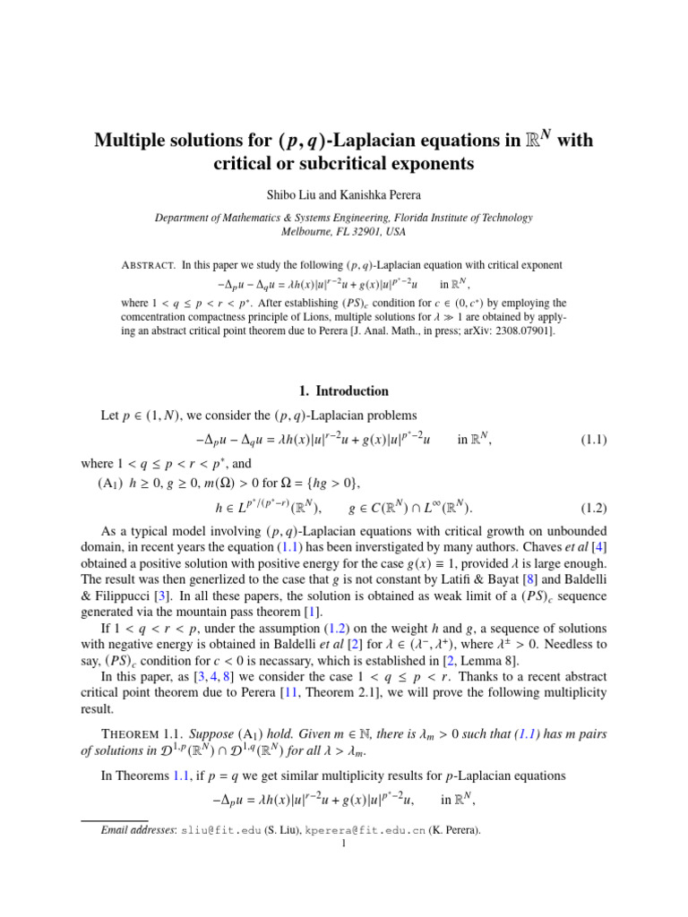 Multiple Solutions For (P, Q) - Laplacian Equations in R N With Critical or Subcritical ...