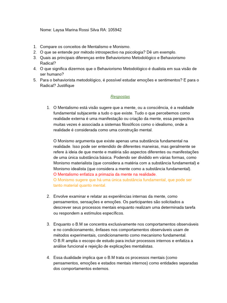Compare Os Conceitos de Mentalismo e Monismo | PDF