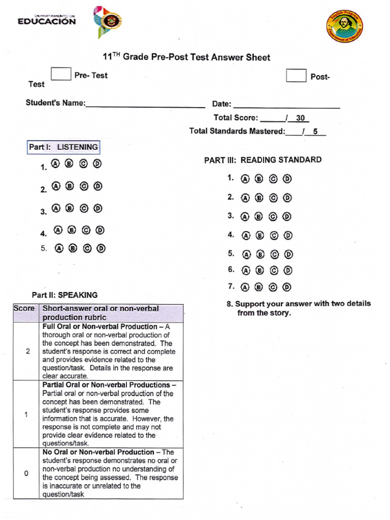 11TH Grade Pre-Post Answer Sheets 2023-2024 | PDF