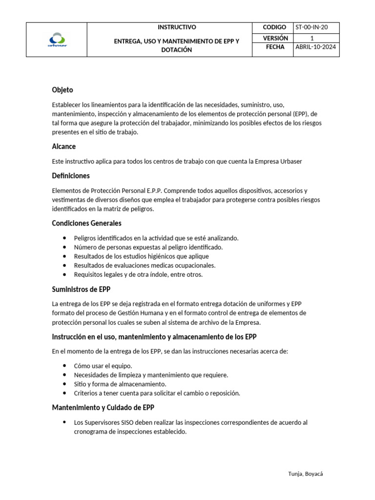 Objeto: Instructivo Entrega, Uso Y Mantenimiento de Epp Y Dotación Codigo Versión Fecha | PDF