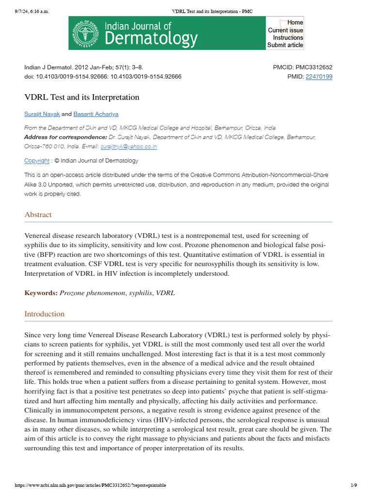 VDRL Test and Its Interpretation - PMC | PDF | Serology | Science ...