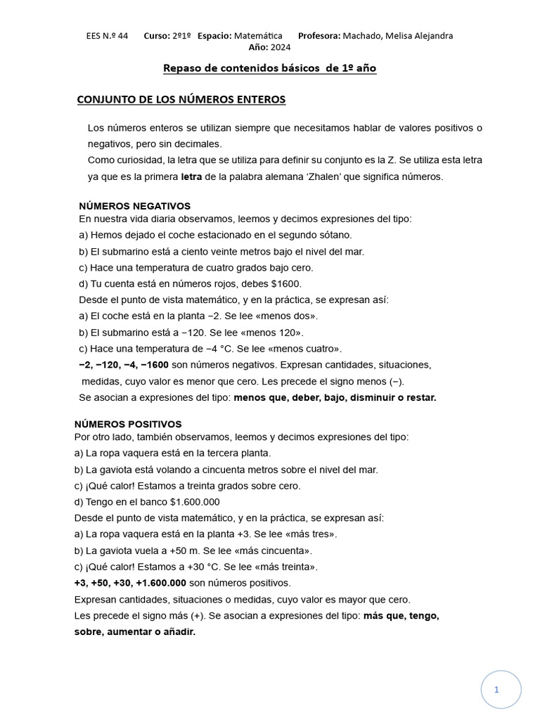 Repaso de Contenidos Básicos de 1º Año | PDF
