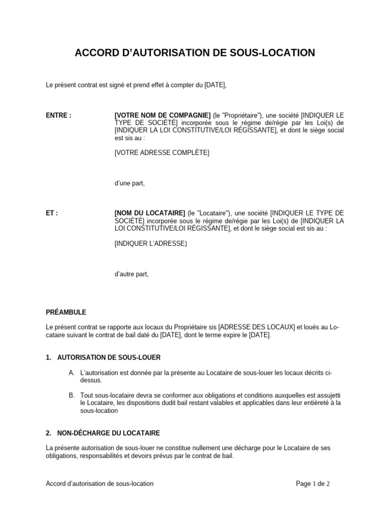 Accord d'autorisation de sous-location | PDF Accord d'autorisation de sous-location | PDF