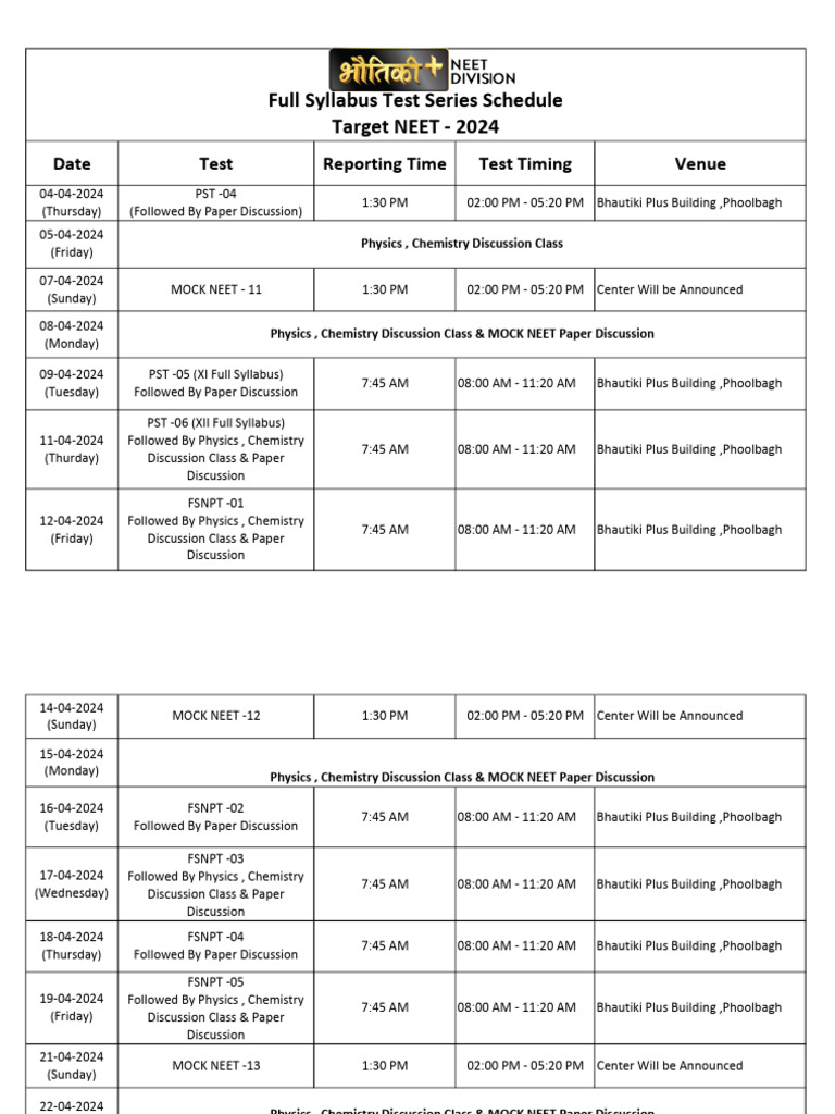 Full Syllabus Test Series Schedule Target - 2024 | PDF