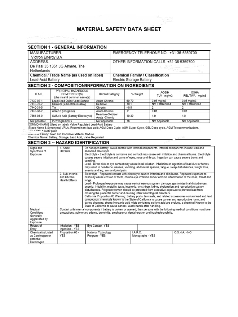 Material-Safety-Data-Sheet-VRLA-Battery-EN - PDF 2 | PDF | Lead | Science & Mathematics