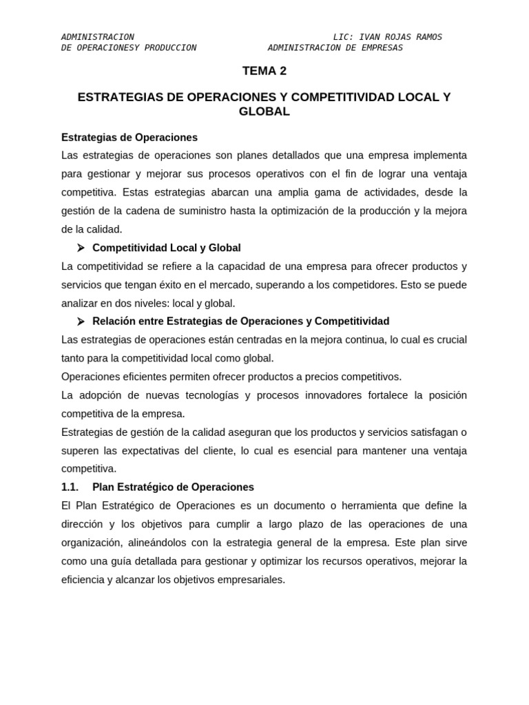 Tema 2 Estrategia de Operaciones y Competitividad Local y Global | PDF
