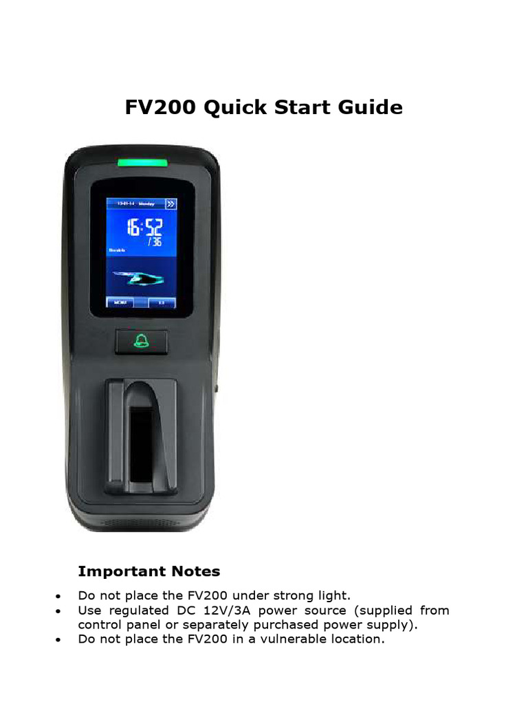 Access Control Product Finger Vein Series Quick Start Guide | PDF