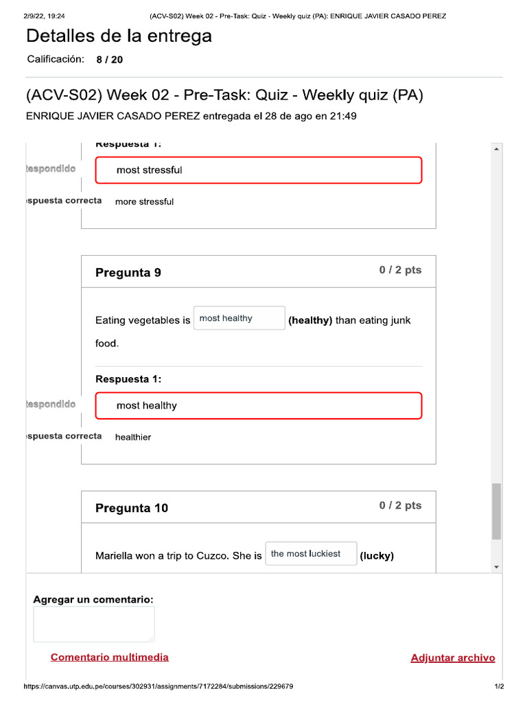 Ingles IV - (ACV-S02) Week 02 - Pre-Task Quiz - Weekly Quiz (PA) | PDF