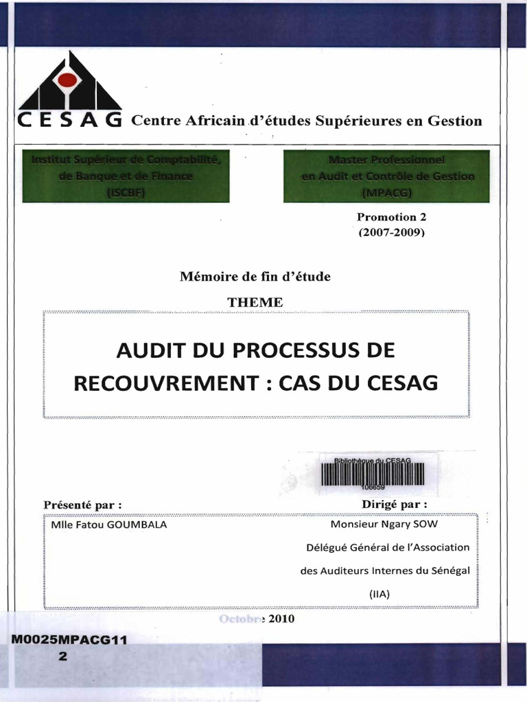Audit Du Processus de Recouvrement - Cas Du Cesag | PDF