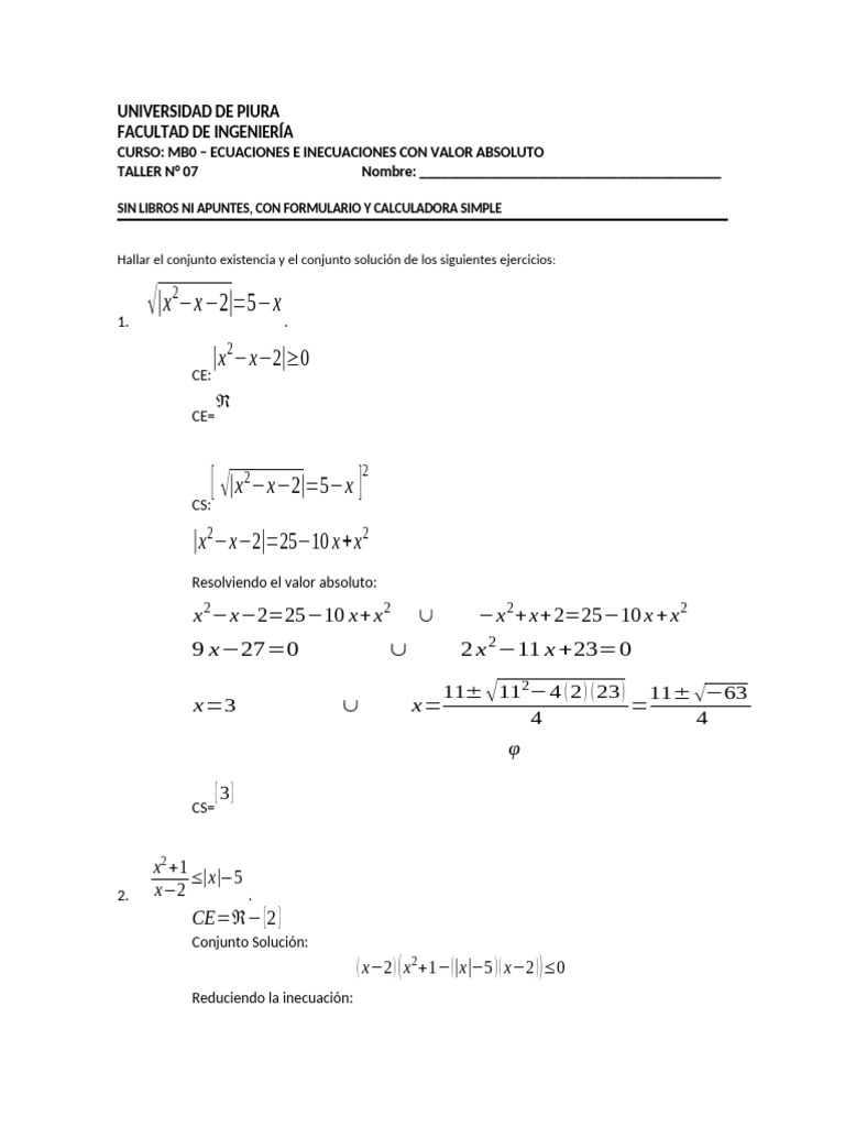 Taller 07 Solucionario - Valor Absoluto | PDF | Objetos matemáticos | Ecuaciones