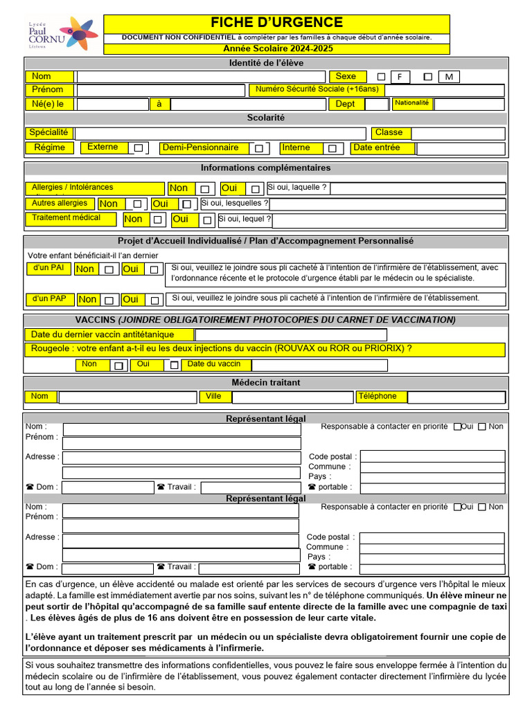 Fiche Urgence Infirmerie Formulaire 2024-2025 | PDF