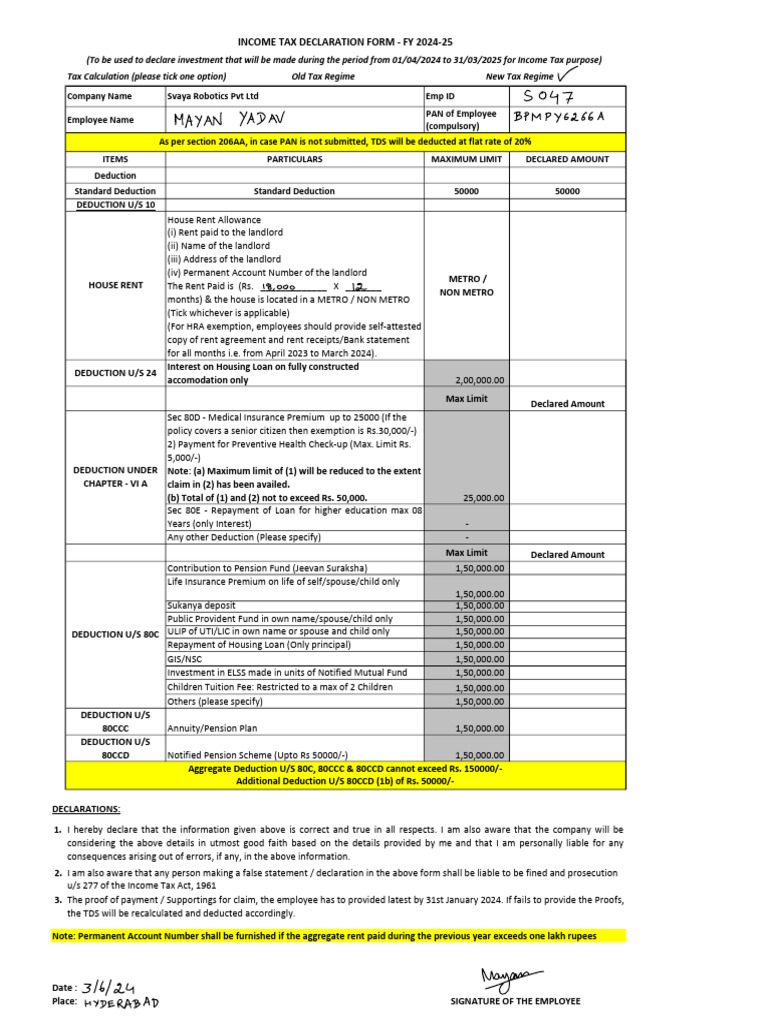 Employee Declaration Form - FY2024-25 | PDF