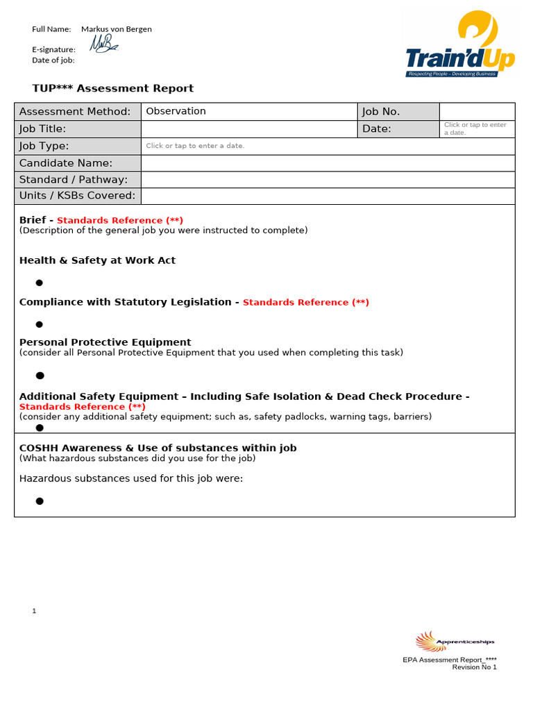 TUP Standardised Observation Report | PDF | Personal Protective ...