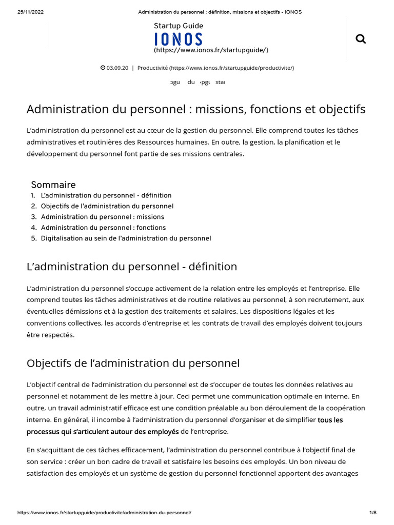Administration Du Personnel - Définition, Missions Et Objectifs - IONOS | PDF
