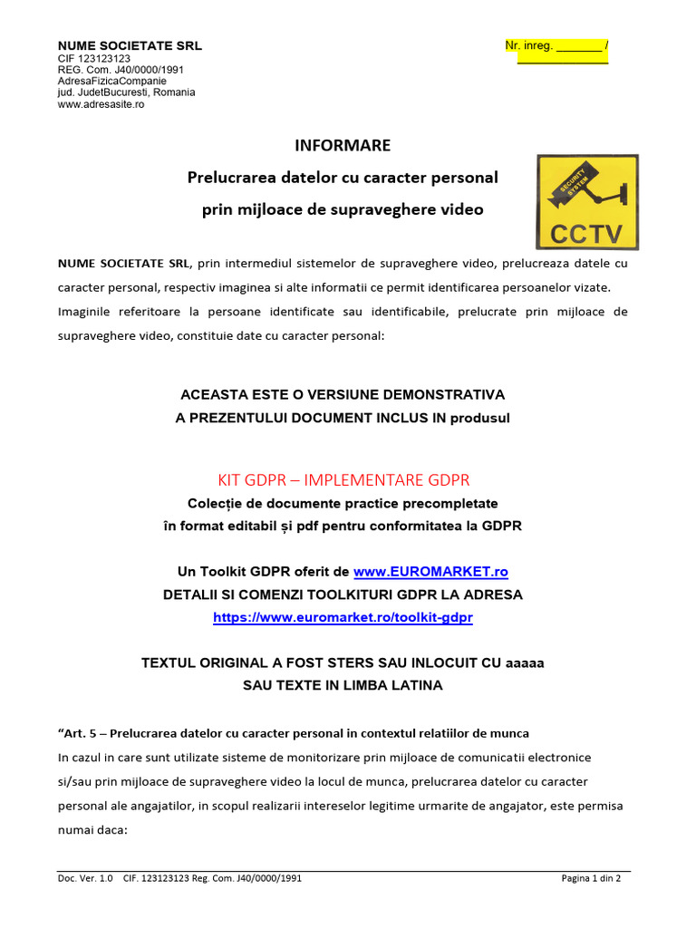 Kit GDPR CCTV Informare Prelucrarea Datelor Cu Caracter Personal | PDF