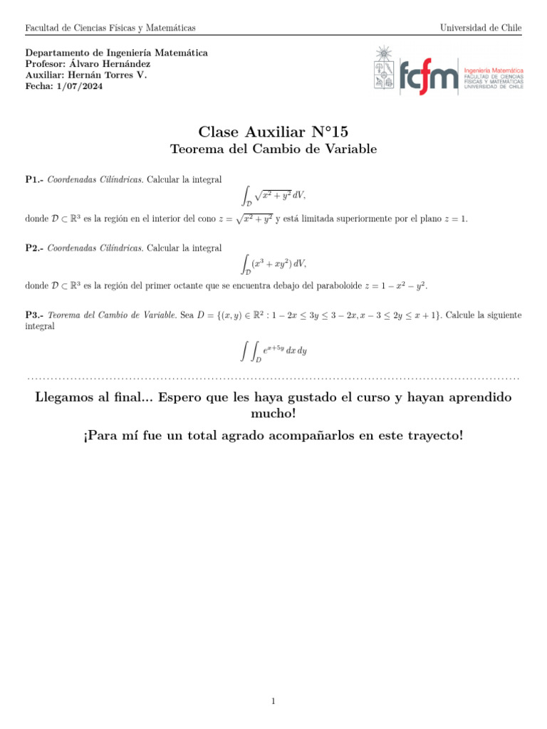 Enunciado Clase Auxiliar 15 Teorema Del Cambio de Variable | PDF