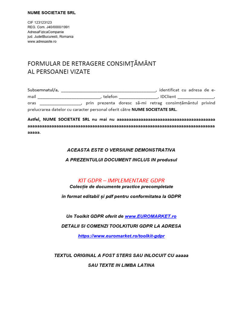 Kit GDPR Cerere Retragere Consimtamant | PDF