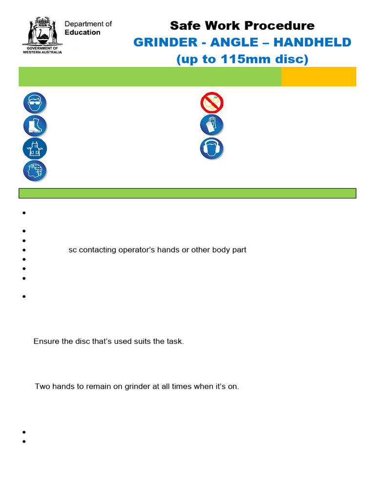 Grinder, Angle Handheld Safe Work Procedures | PDF