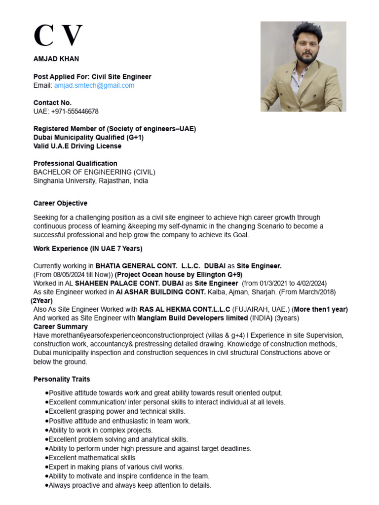 Eng. Amjad Khan (Site Eng.) Docx 4 | PDF
