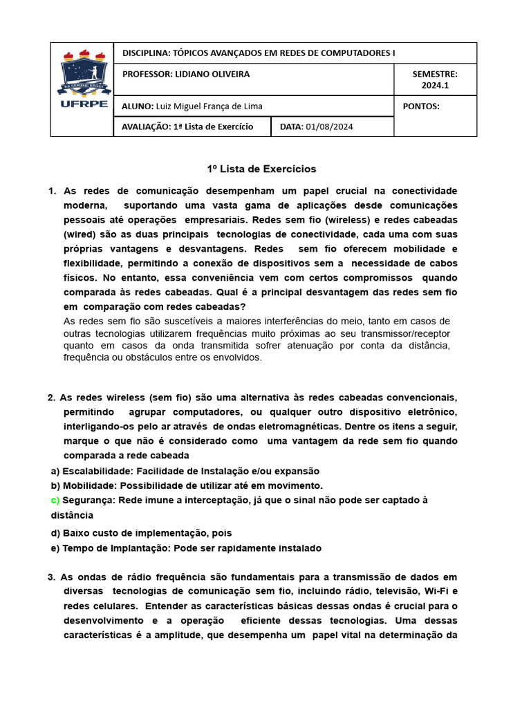 1º Lista de Exercício | PDF