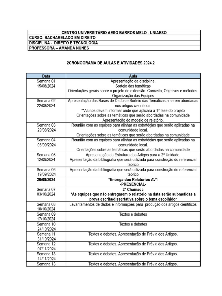 Cronograma Aulas 2024 | PDF
