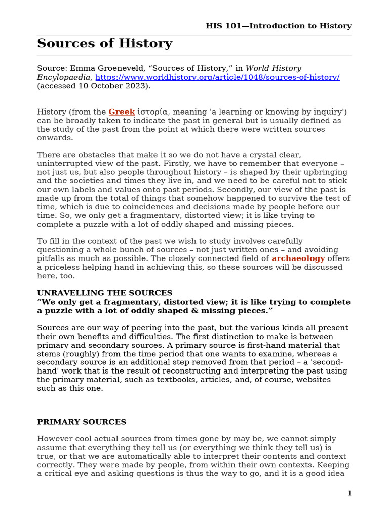 HIS 101-Sources of History | PDF