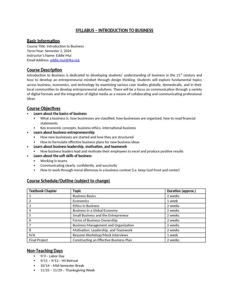 Intro To Business - Syllabus | PDF | Entrepreneurship