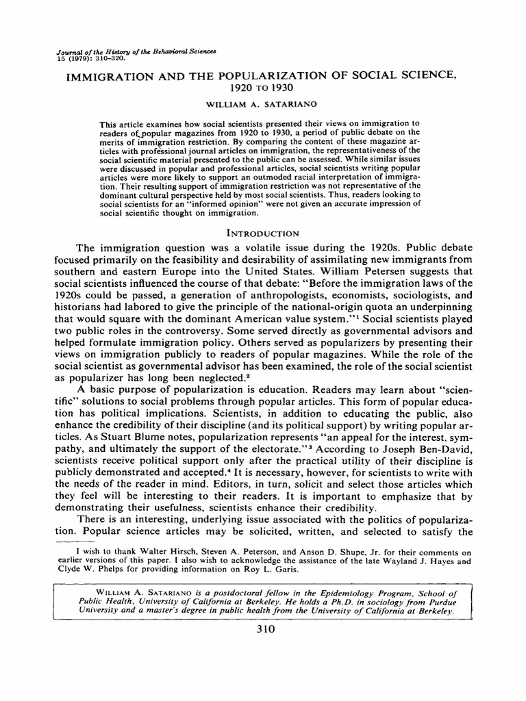 Immigration and The Popularization of Social Science, Satariano1979 ...