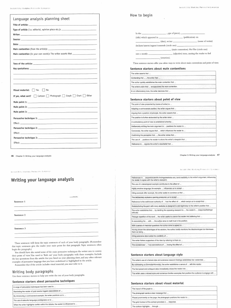 AA Writing An Argument Analysis Sentence Starters | PDF