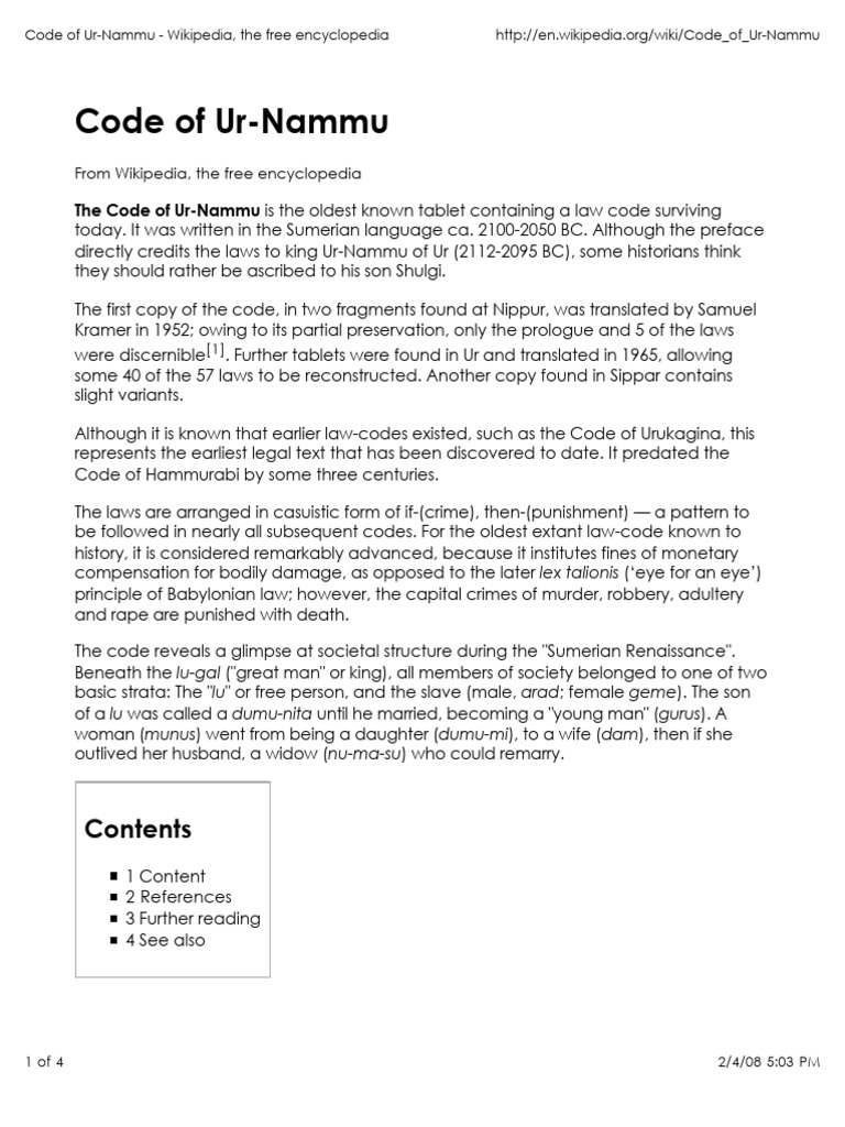 The Code of Ur-Nammu (Ancient Sumerian Law) | PDF