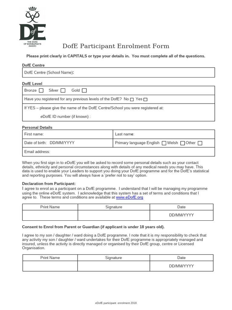 Enrolment Form Template - DofE | PDF Enrolment Form Template - DofE | PDF