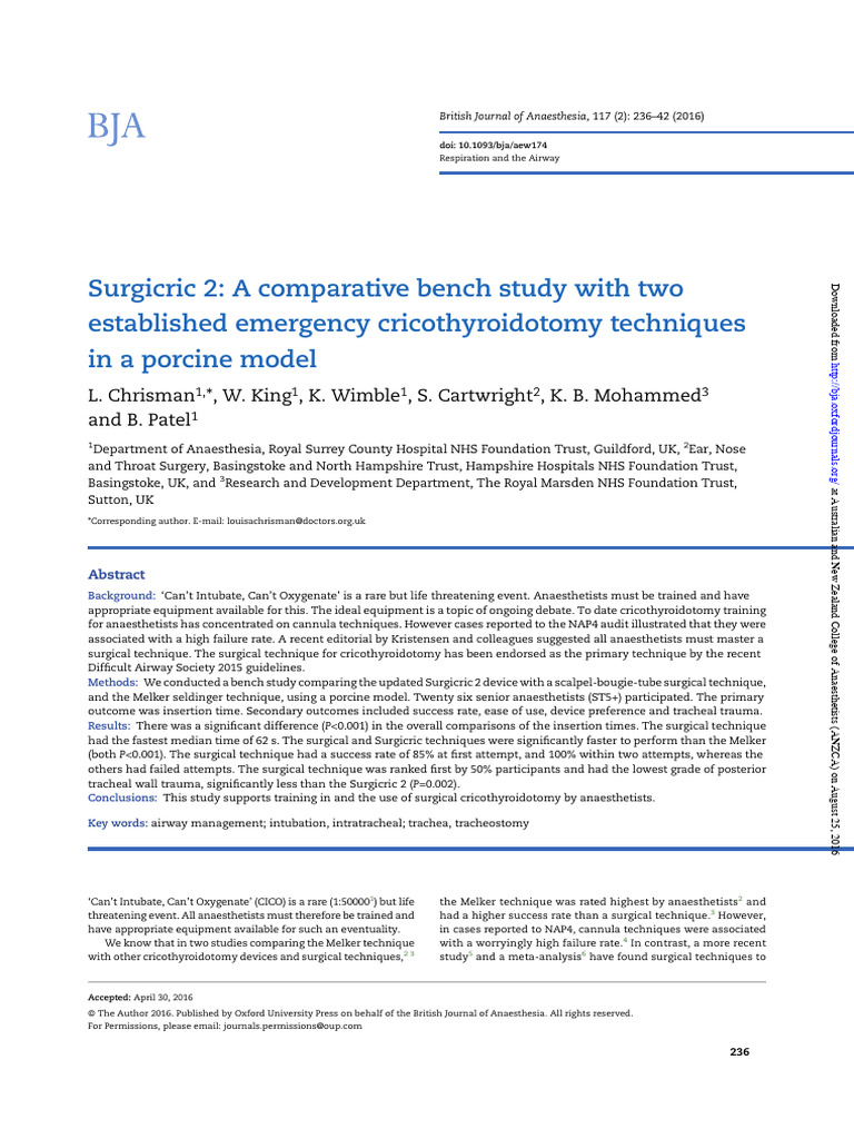 Comparing CICO Technique Porcine Model | PDF