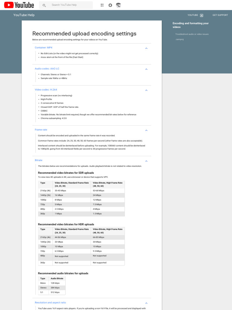 Youtube Help - Recommended Upload Encoding Settings | PDF