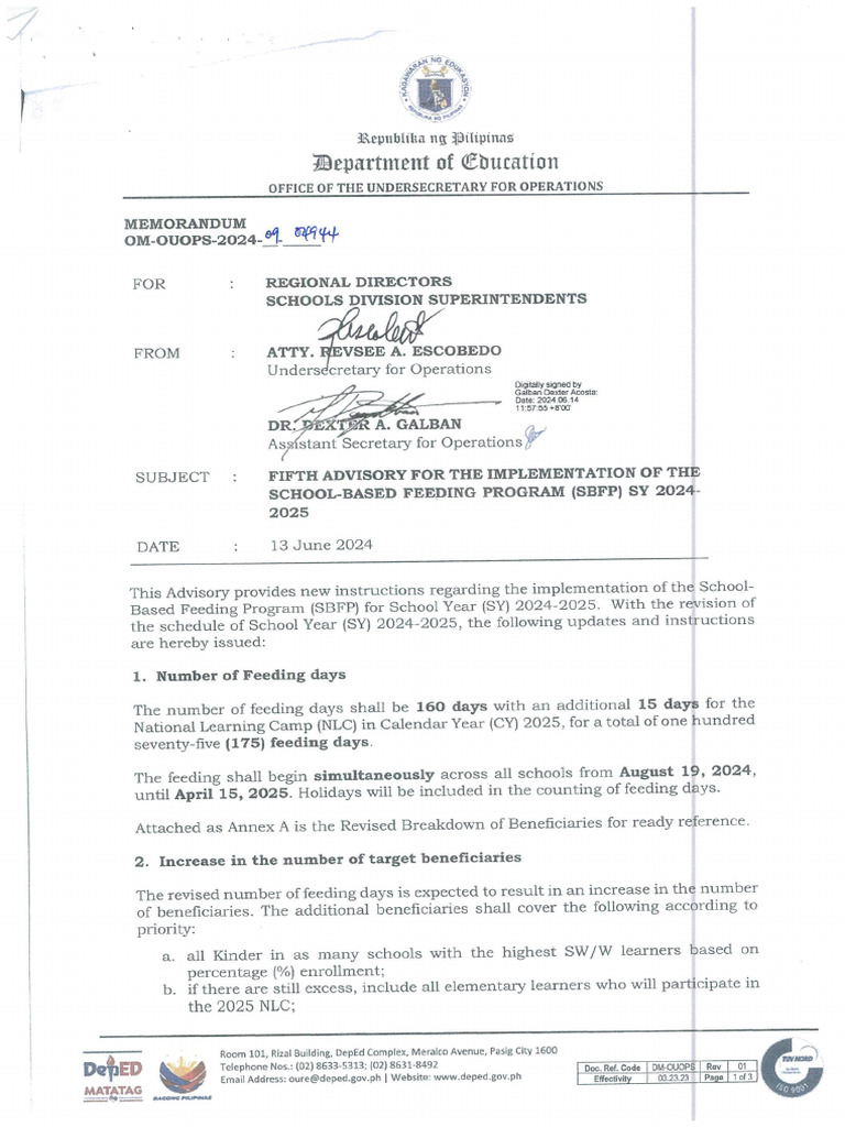 1. Fifth Advisory for the Implementation of the School Based Feeding Program SBFP SY 2024 2025 ...