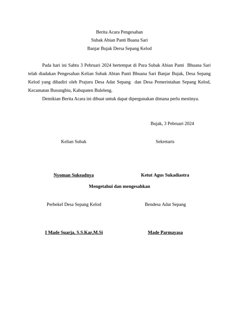 Berita Acara Pengesahan Kelian Subak | PDF