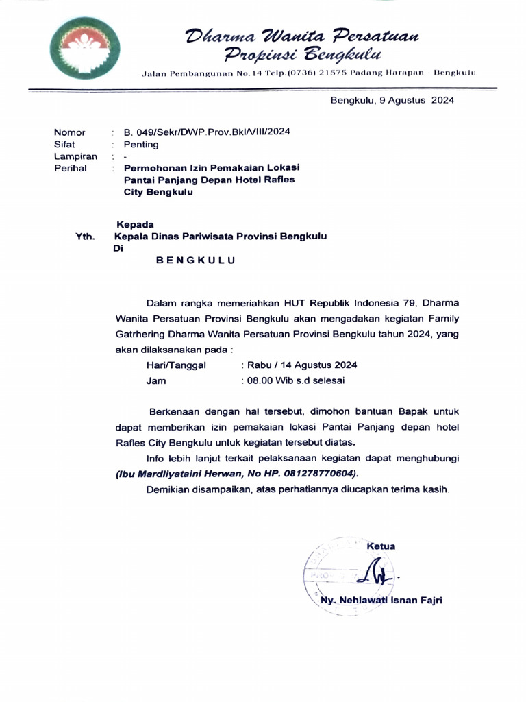 Surat Permohonan Izin Ke Dinas Pariwisata | PDF