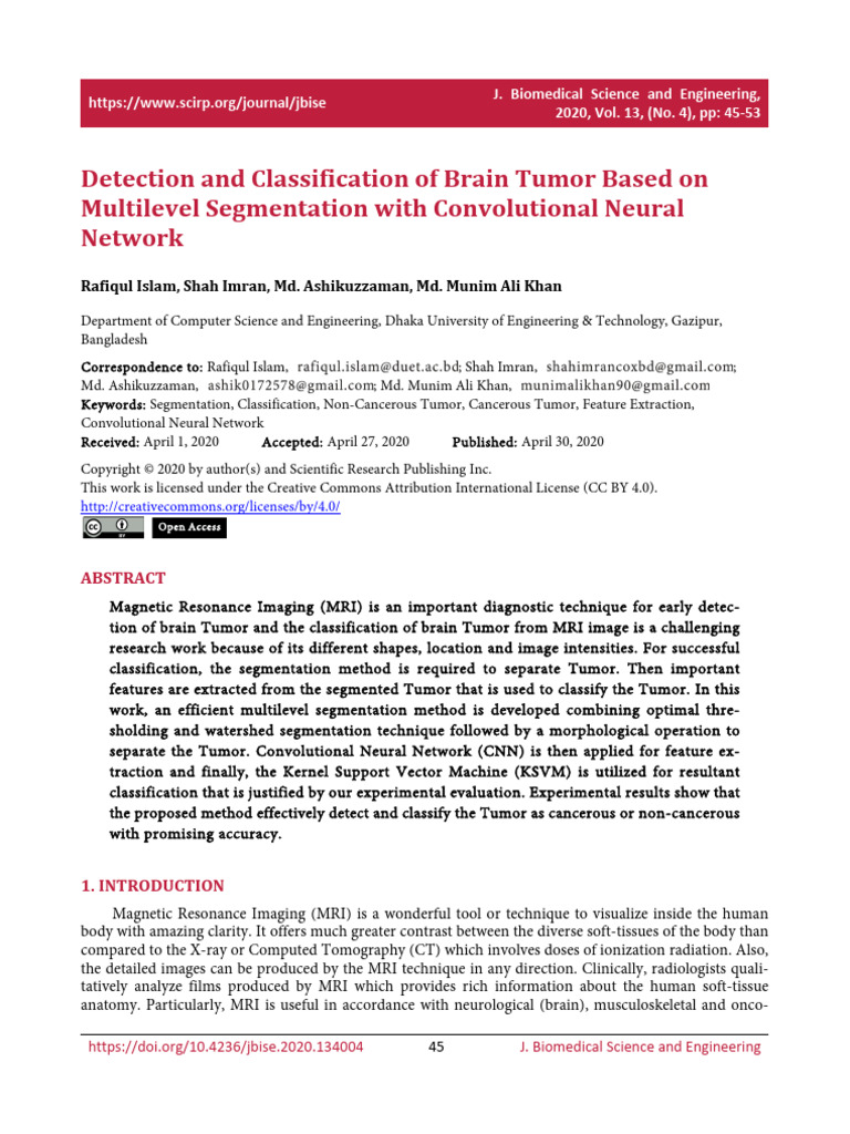 Detection And Classification Of Brain Tumor Based On Multilevel Segmentation With Convolutional