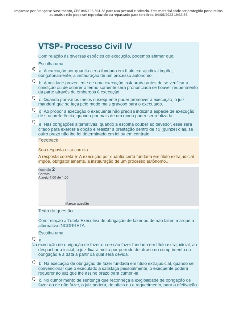 2 VTSP - PROCESSUAL CIVIL IV - Passei Direto | PDF