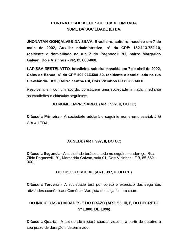Contrato Social de Sociedade Limitada | PDF