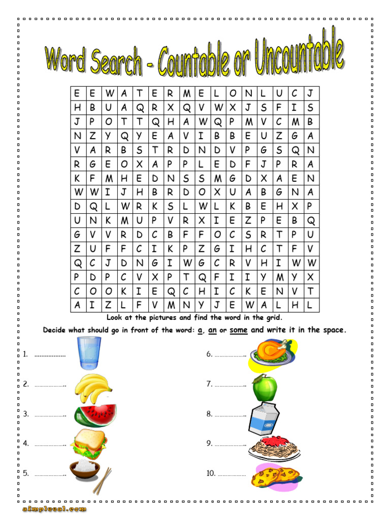 Countable & Uncountable Nouns Word Search | PDF | Semantics | Syntactic ...