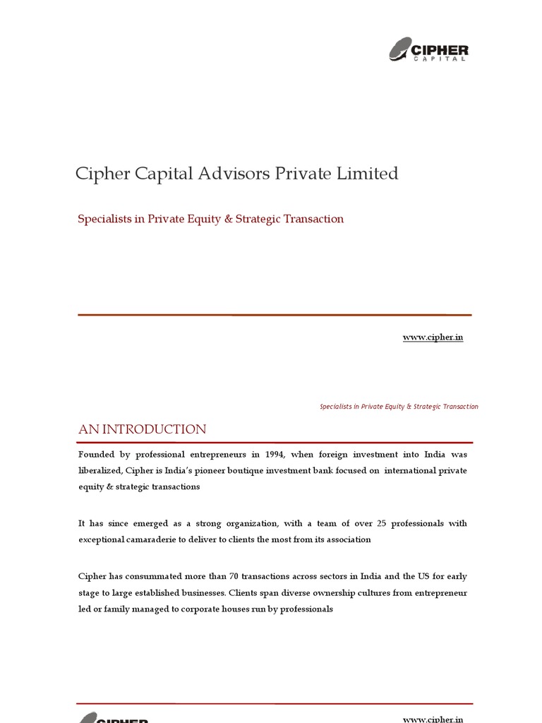 Cipher Capital Advisors Brochure | PDF | Private Equity | Investment Banking
